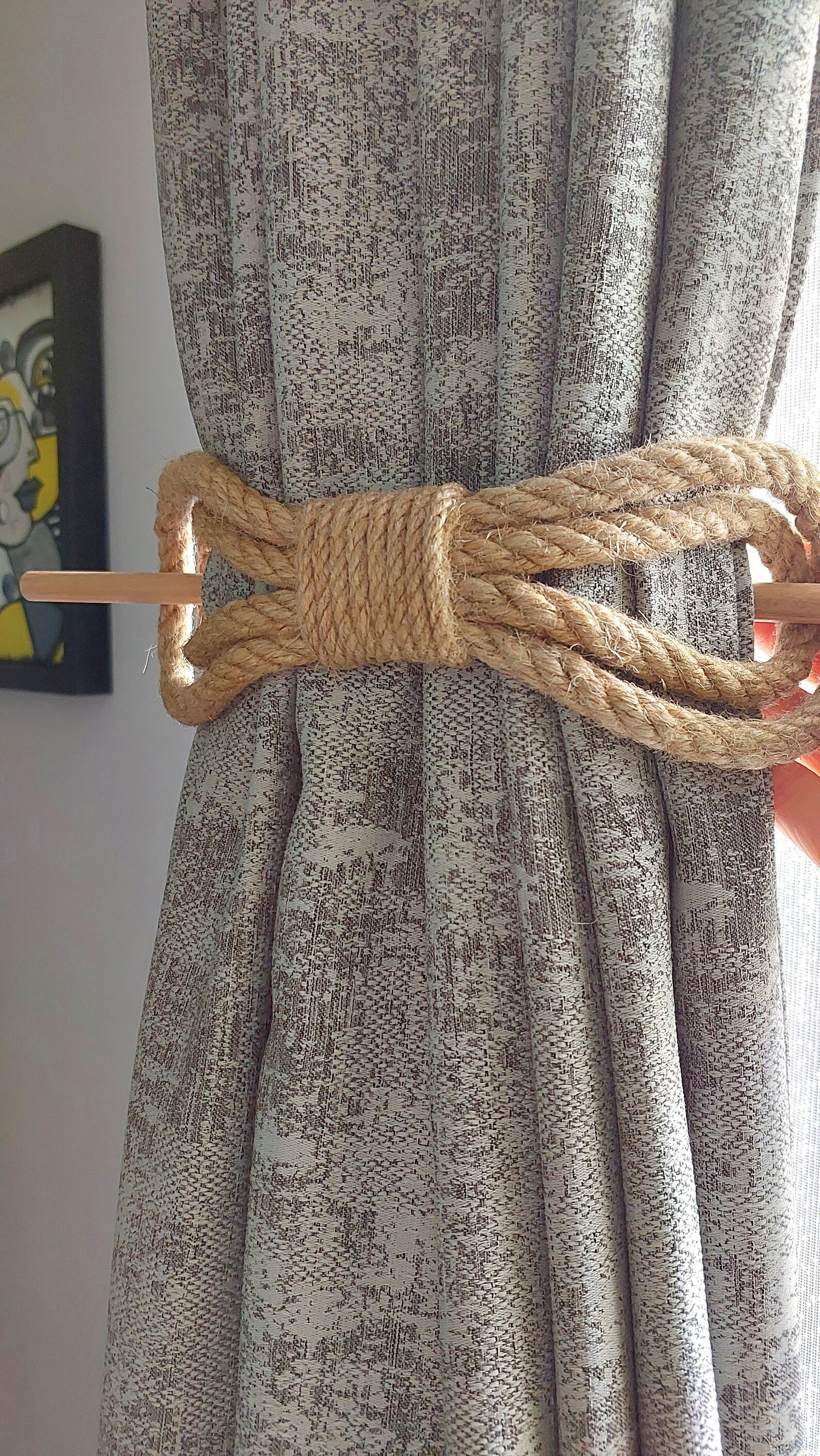 2 Pcs Exquisite Jute Rope Curtain Tiebacks With Wooden Rods Elegant and ...