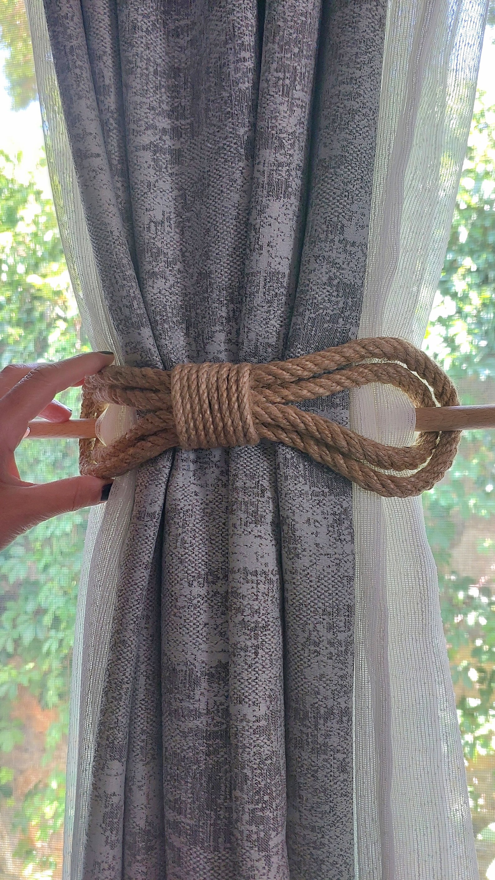 Jute Rope Curtain Tiebacks With Wooden Rods - Set of 2 - Etsy