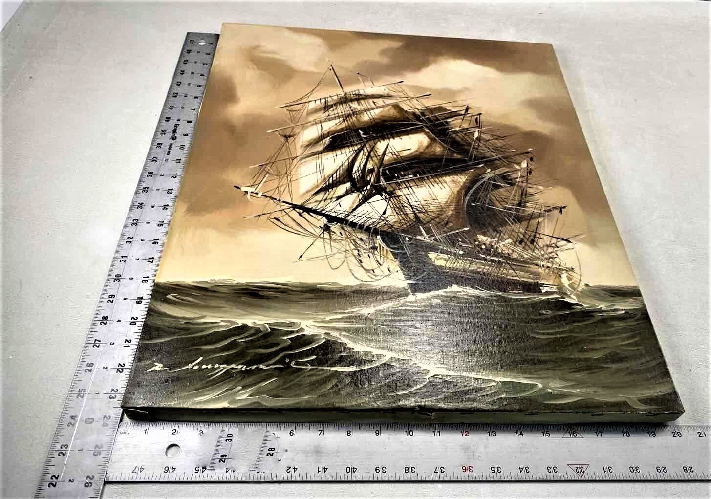 Vintage Oil Painting on Canvas Full Sail Clipper Ship Artist Signed ...