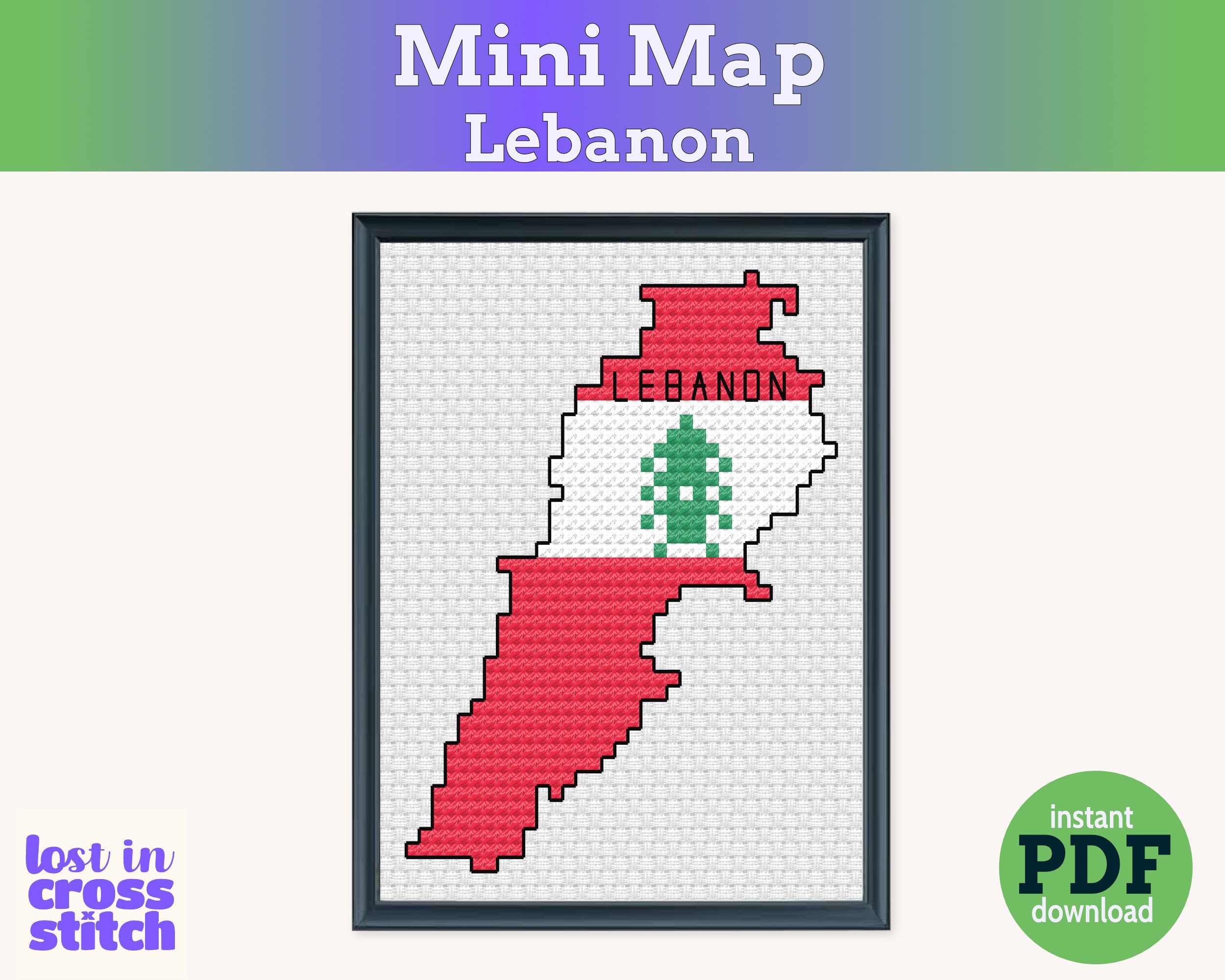Tiny Little Lebanon Flag Map Digital Cross Stitch Pattern PDF Instant ...