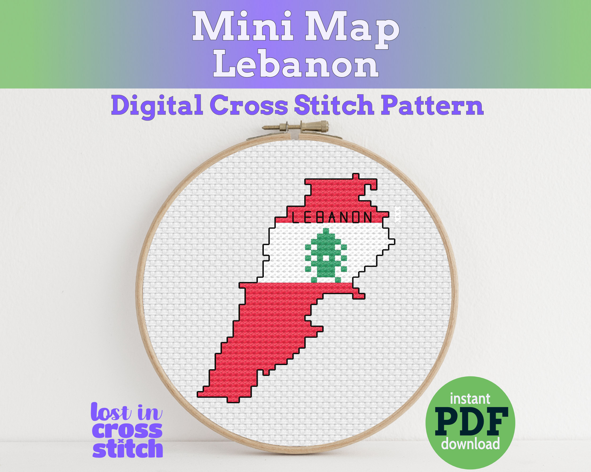 Tiny Little Lebanon Flag Map Digital Cross Stitch Pattern PDF Instant ...