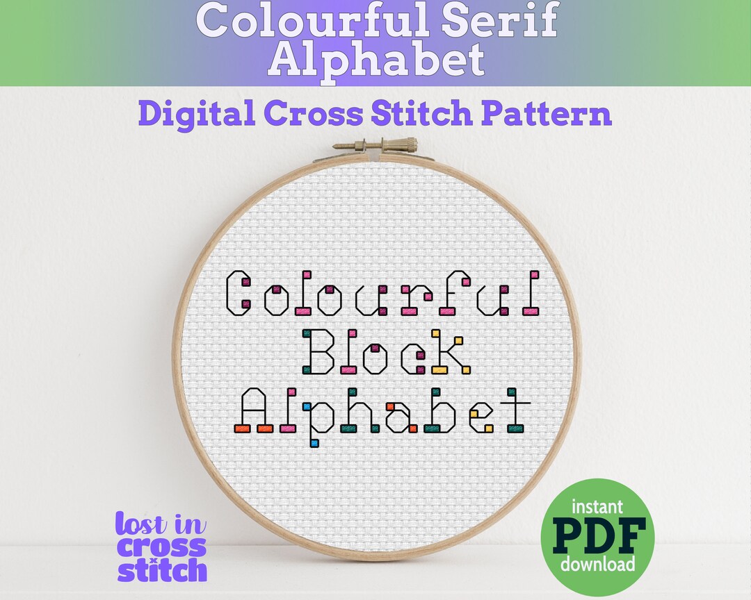 Colourful Serif Alphabet Cross Stitch Back Stitch PDF Pattern Instant ...