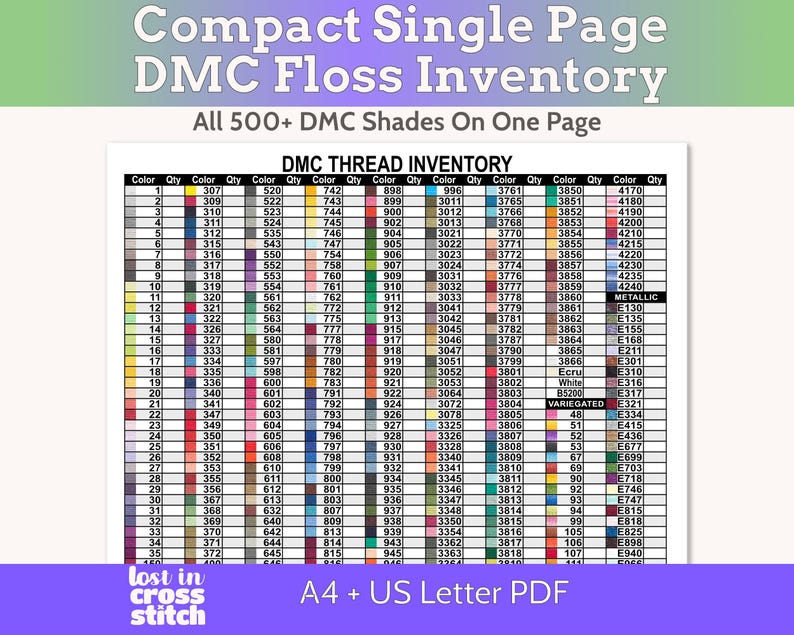 Printable DMC Floss Inventory • Compact Single Page • A4 + US Letter ...