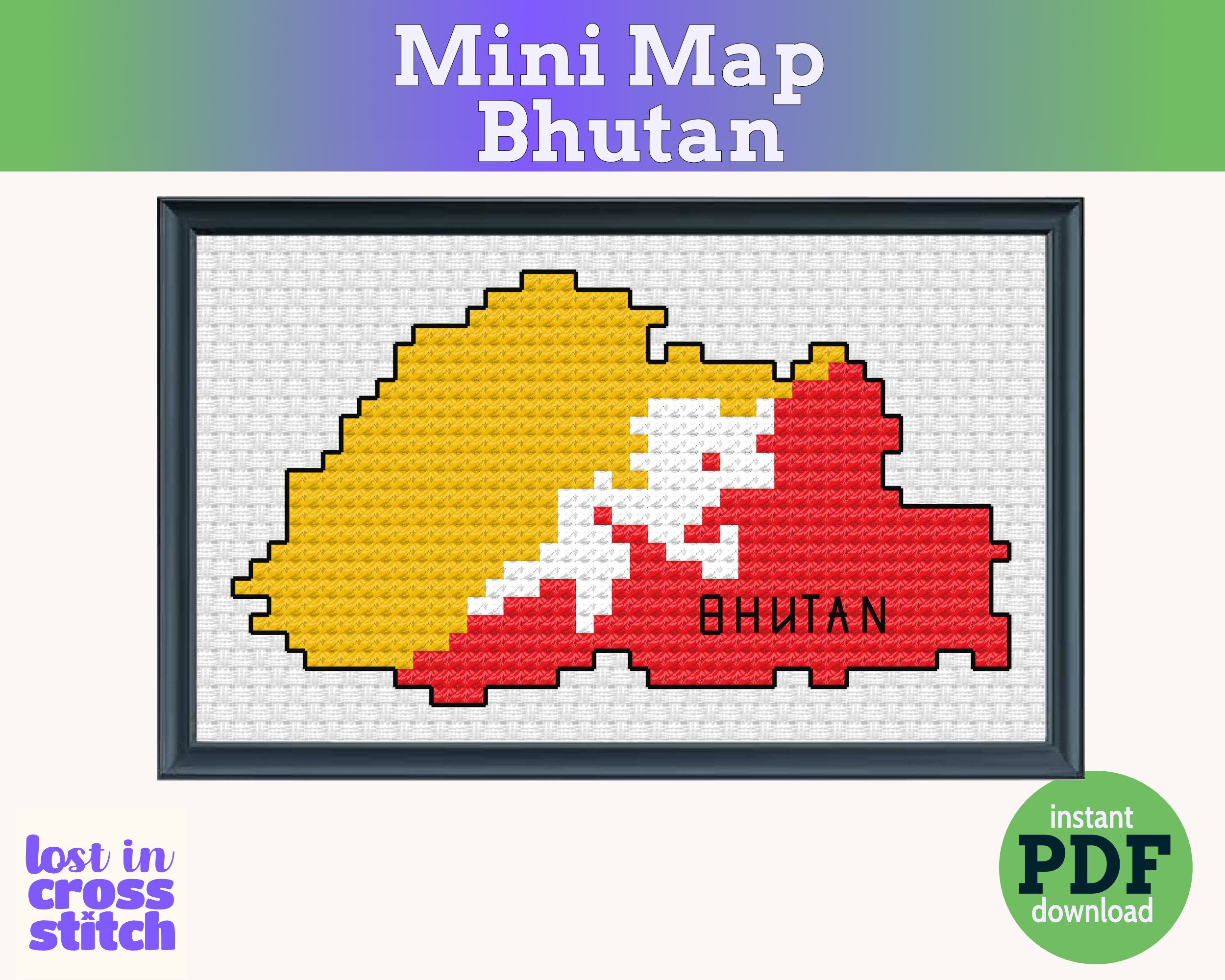 Tiny Little Bhutan Flag Map Design Digital Cross Stitch Pattern PDF ...