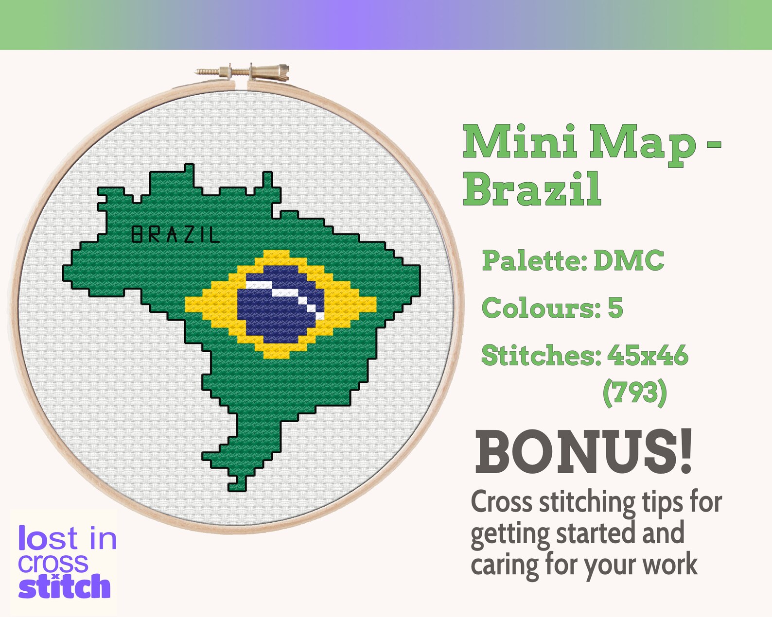 Tiny Little Brazil Flag Map | Digital Cross Stitch Pattern | PDF ...