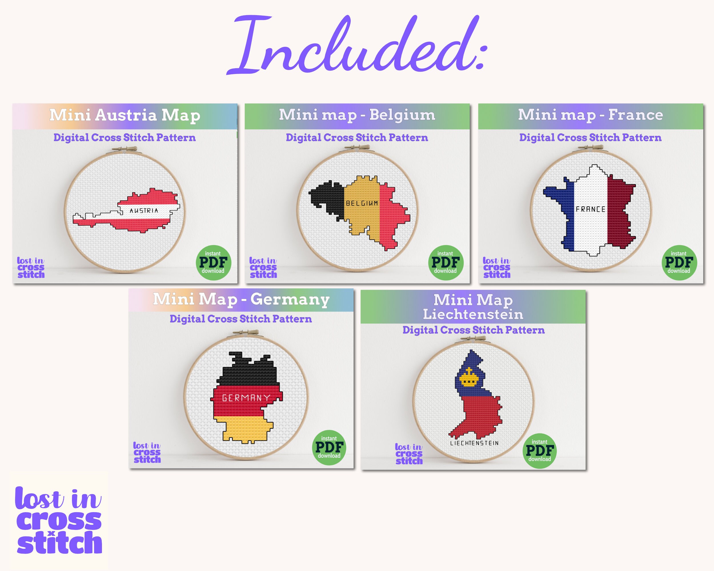 Western Europe Mini Map Cross Stitch Bundle PDF Patterns Instant ...