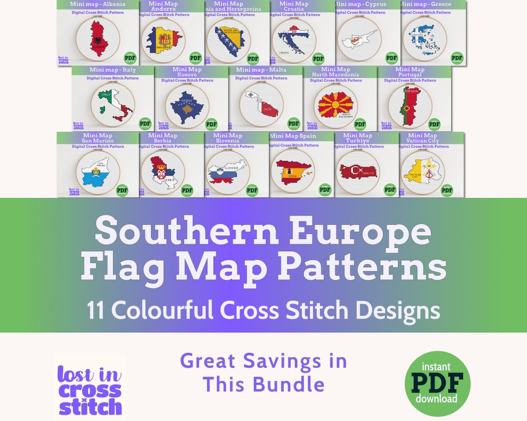 Southern Europe Mini Map Cross Stitch Bundle PDF Patterns Instant ...