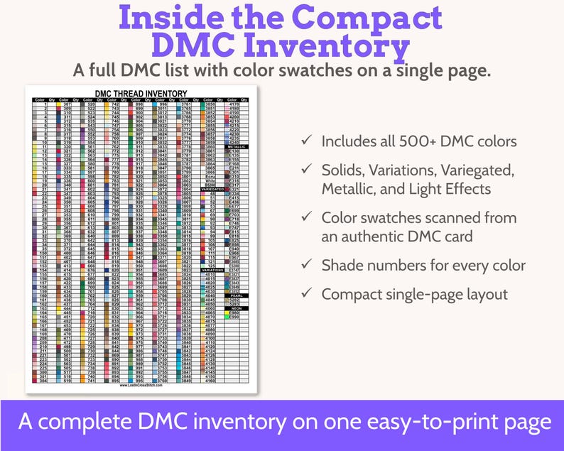 Printable DMC Floss Inventory • Compact Single Page • A4 + US Letter ...