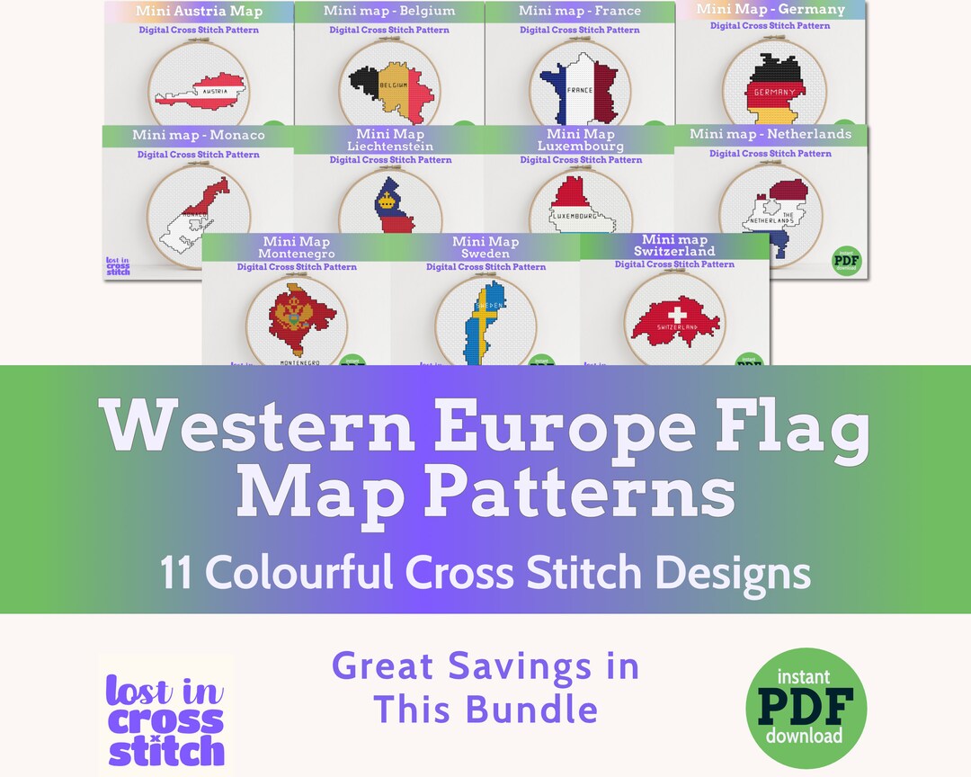 Western Europe Mini Map Cross Stitch Bundle PDF Patterns Instant ...