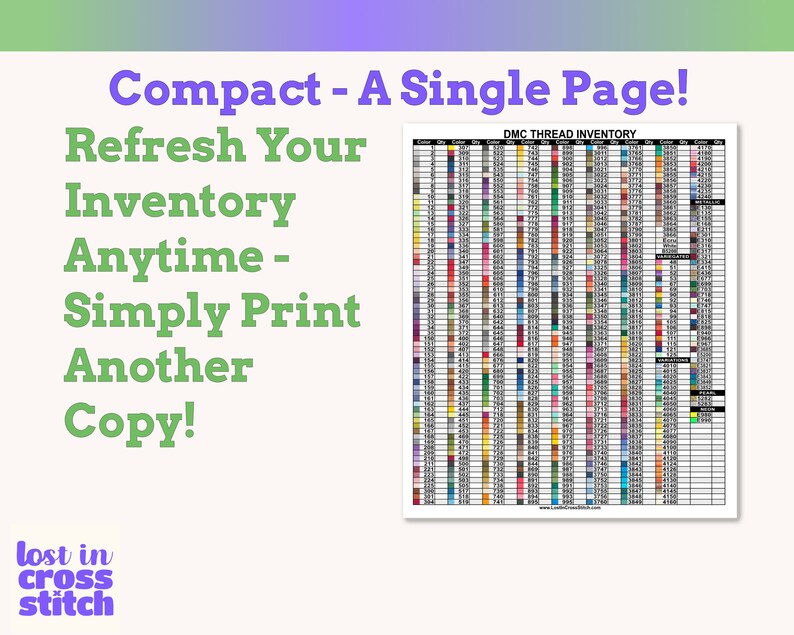 DMC Thread Chart Floss Inventory Printable Thread List Compact Single ...