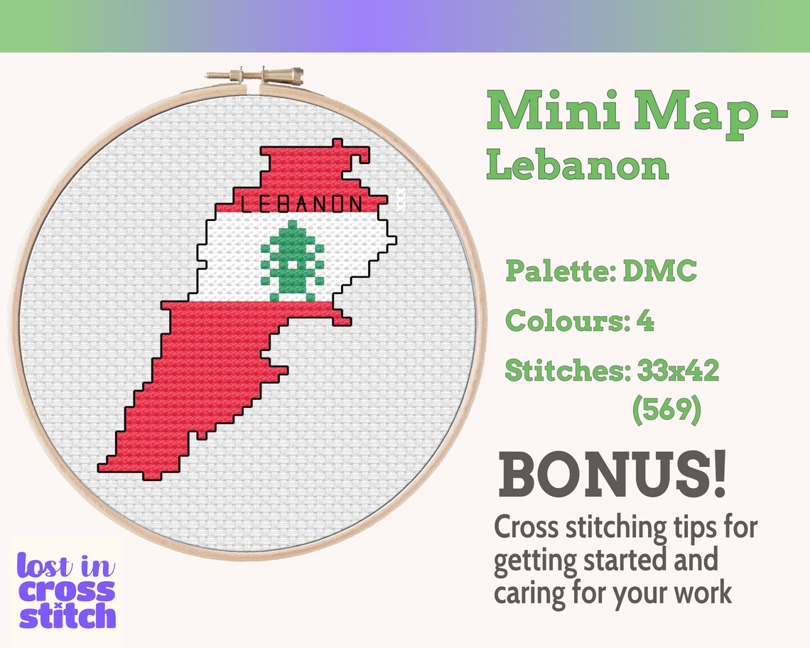Tiny Little Lebanon Flag Map Digital Cross Stitch Pattern PDF Instant ...