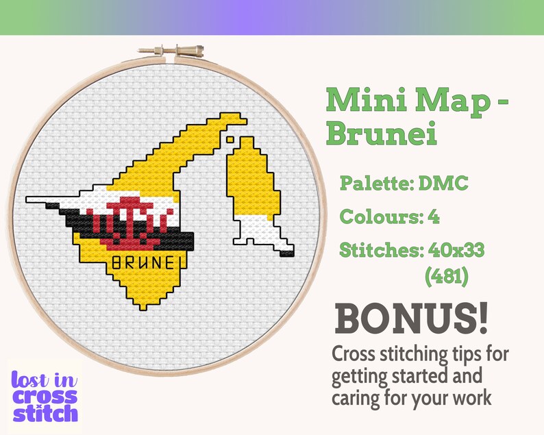 Tiny Little Brunei Flag Map Design Digital Cross Stitch Pattern PDF ...