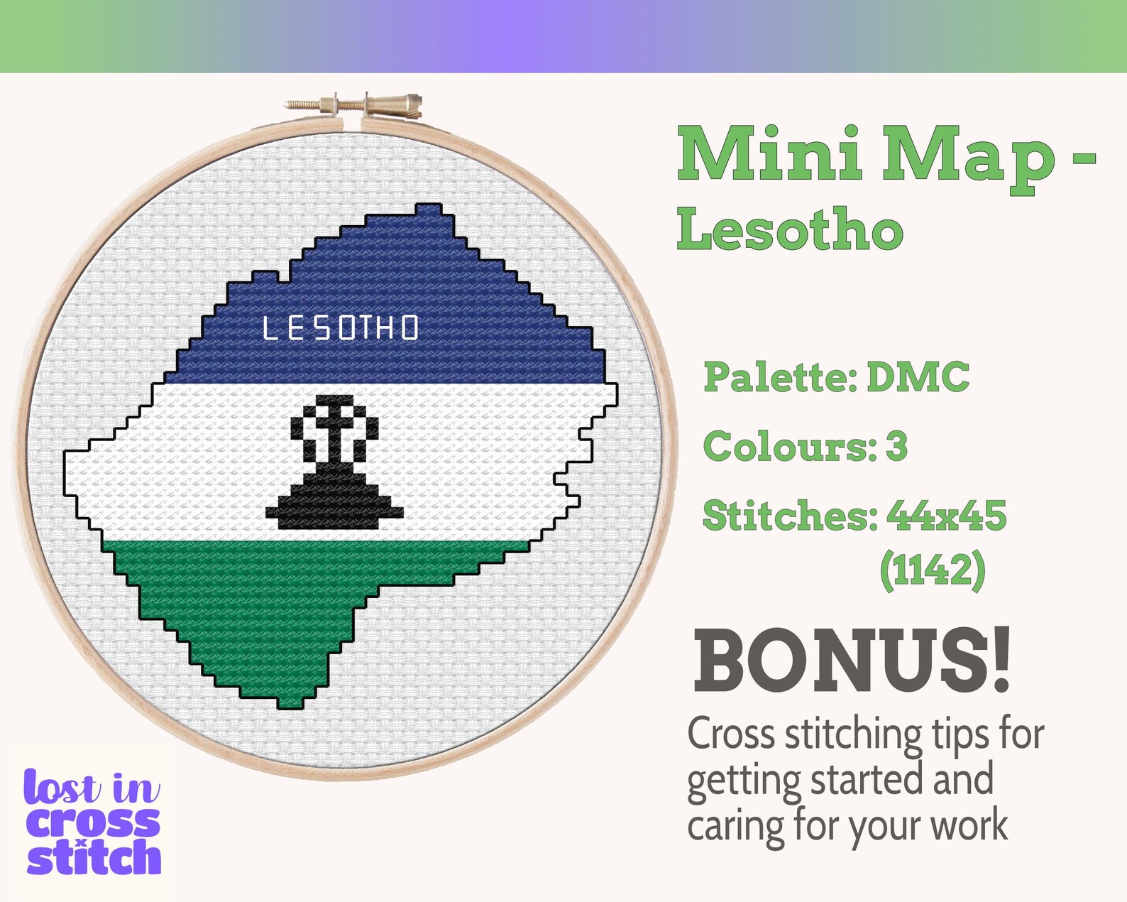 Lesotho Flag & Map Cross Stitch Pattern Easy DIY Beginner-friendly ...