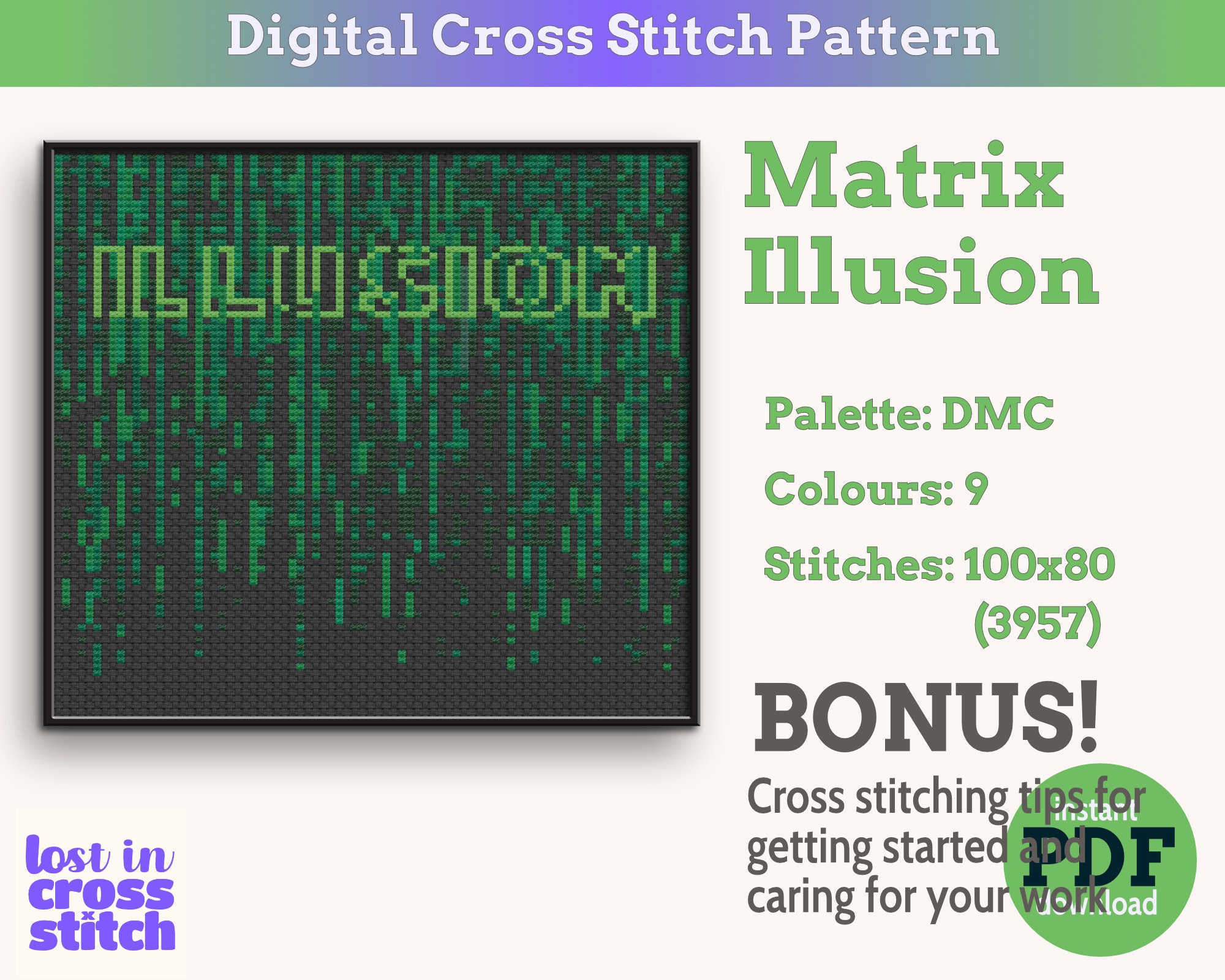 Matrix Illusion Cross Stitch PDF Pattern Instant Download Simple Cross ...