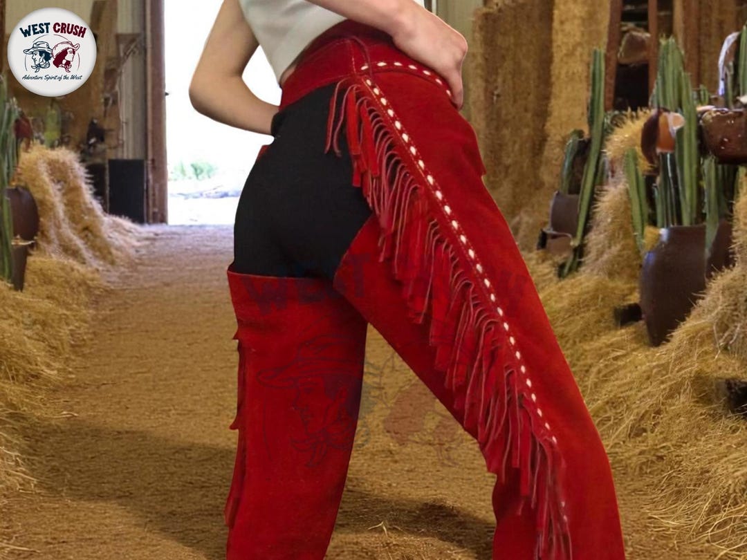 Women's 100 % Real Suede Leather Western Style Buckskin Chap Fringes ...