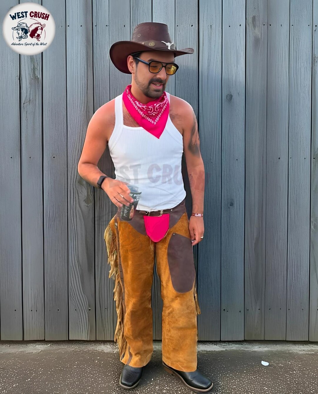 Men's 100% Real Brown Leather Cowboy Chaps With Free Hat Western Rodeo ...