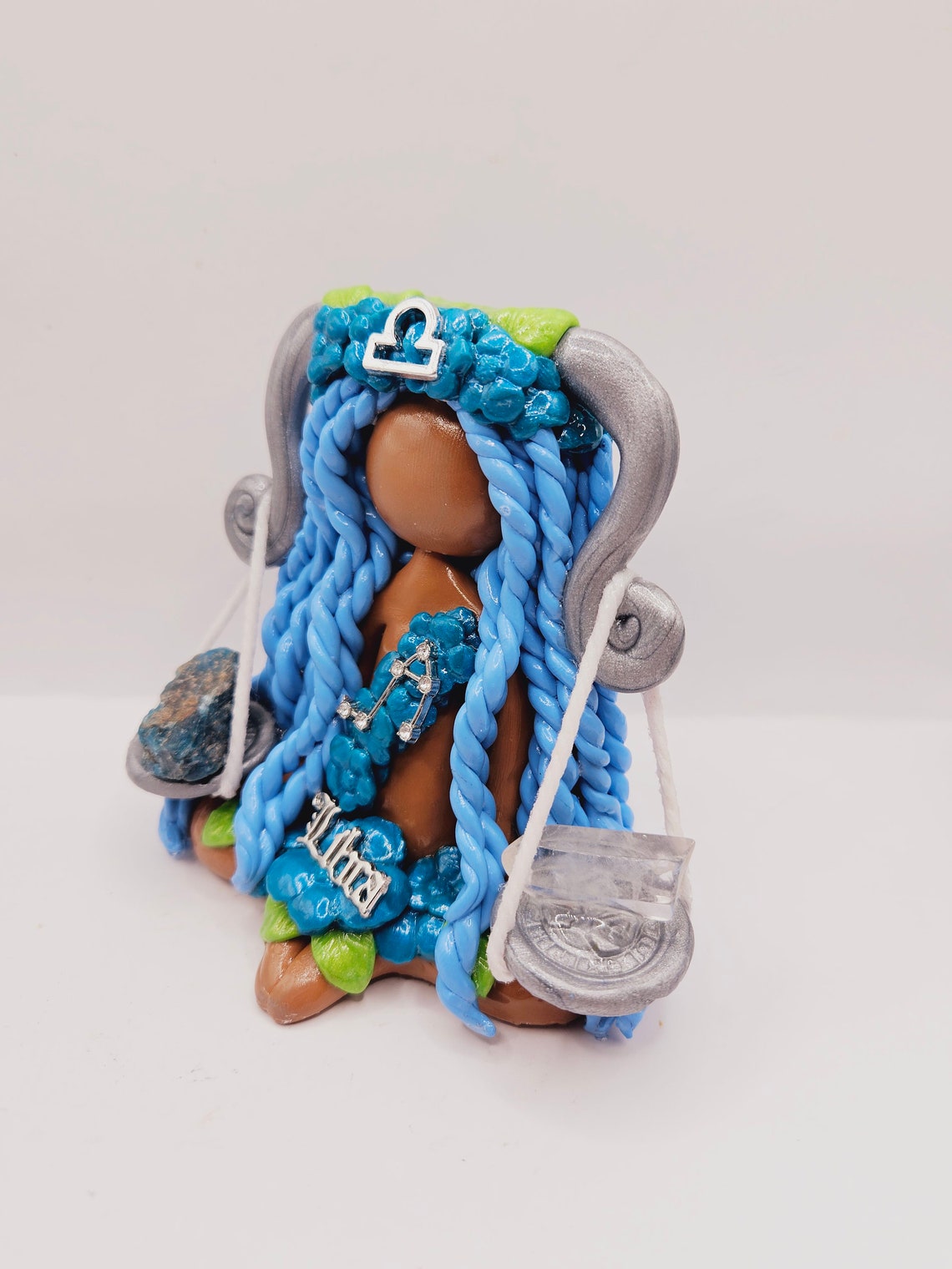 Libra Zodiac Crystal Goddess Holding Clear Quartz and Apatite Scales on ...