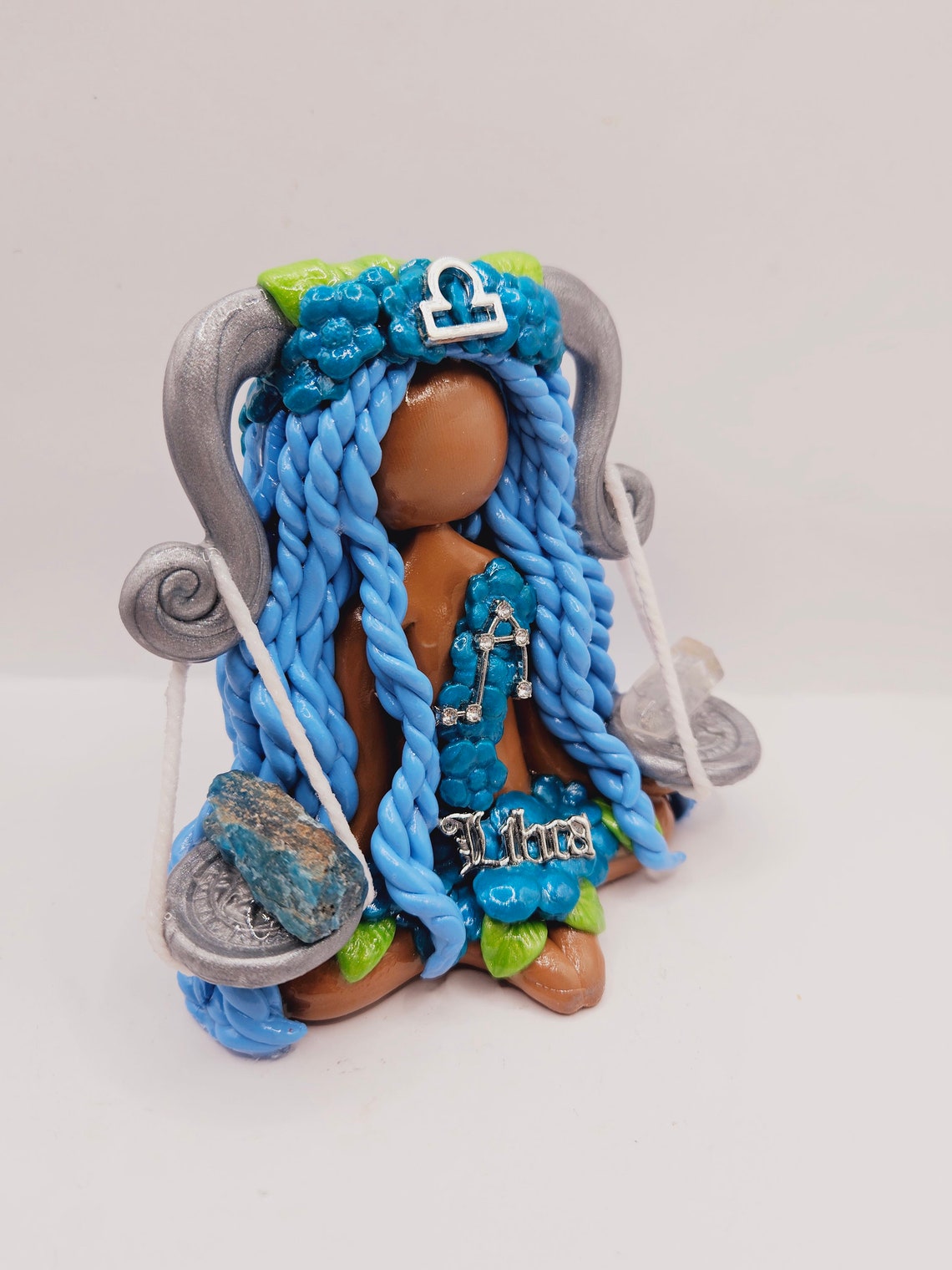 Libra Zodiac Crystal Goddess Holding Clear Quartz and Apatite Scales on ...