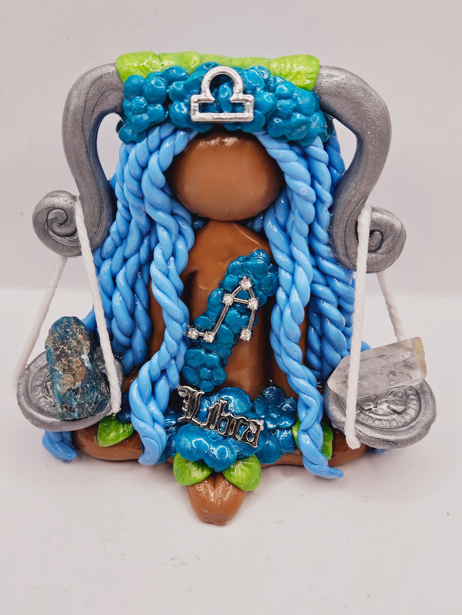 Libra Zodiac Crystal Goddess Holding Clear Quartz and Apatite Scales on ...