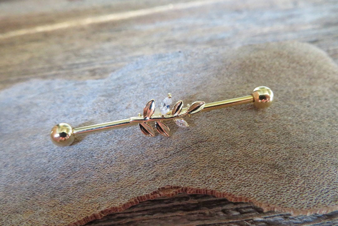 Gold IP Vine CZ Industrial Surgical Steel Barbell Piercing 14G 1.6mm 32mm 35mm 38mm - Etsy