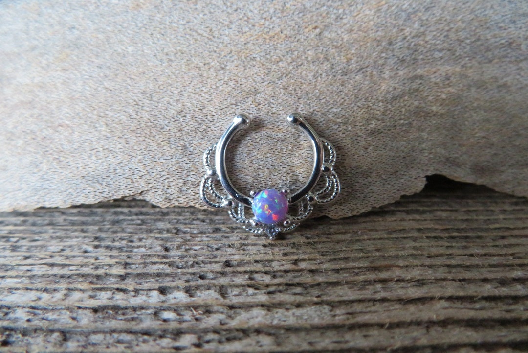 Purple Fire Opal Silver IP Faux Fake Septum Non Piercing - Etsy