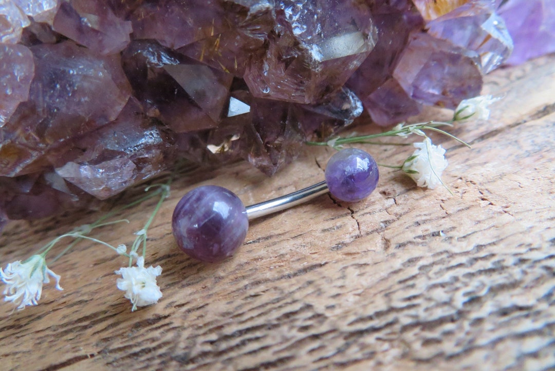 Custom Lengths Amethyst Natural Stone Belly Ring 14g 1.6mm Piercing 5mm ...