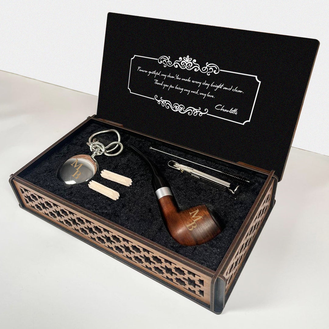 Custom Wooden Pipe Engraved Pocket Watch Set for Husband Handcrafted ...