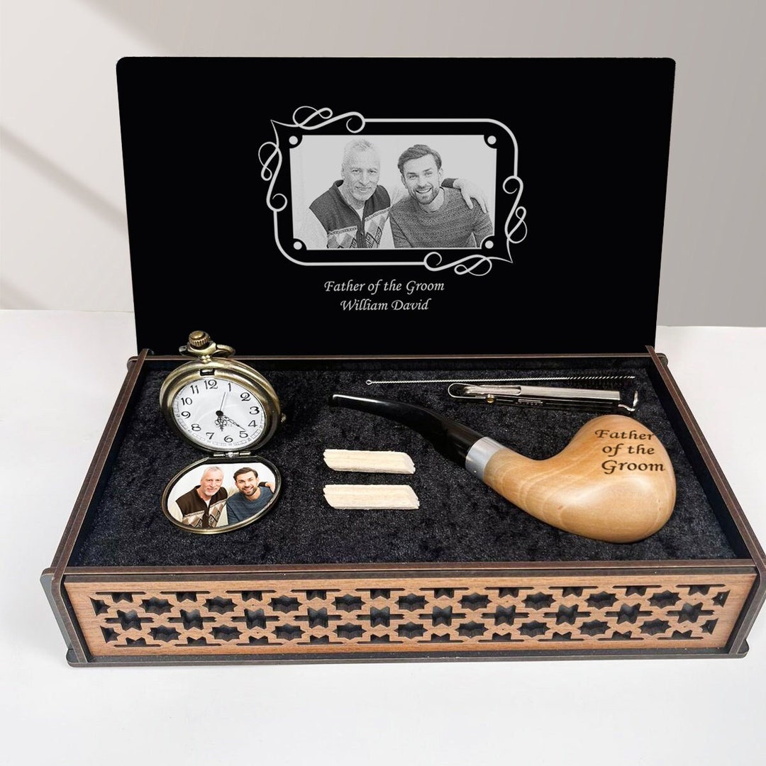 Custom Pocket Watch and Pipe Gift Set for the Father of the Groom Personalized Pocket Watch and ...