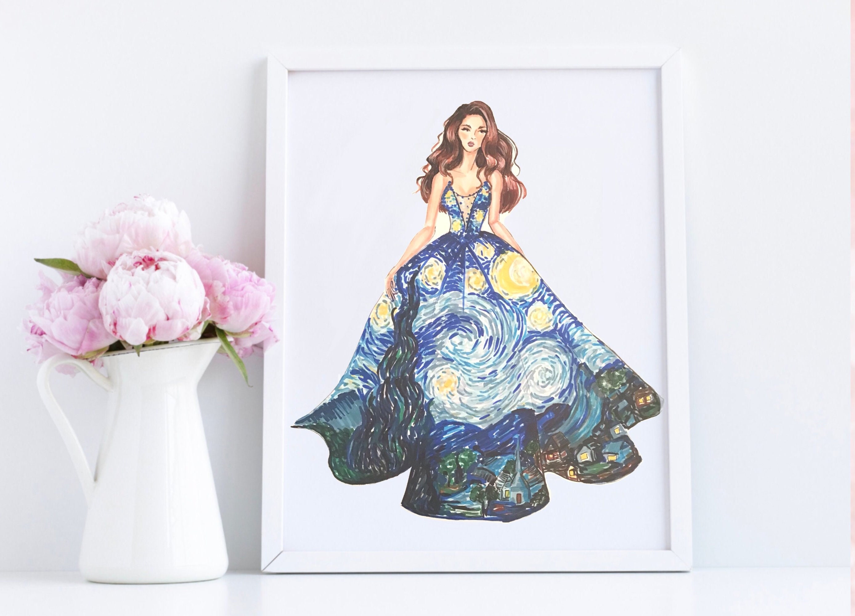 Starry Night Dress Sketch , Starry Night Fashion Illustration, Starry ...