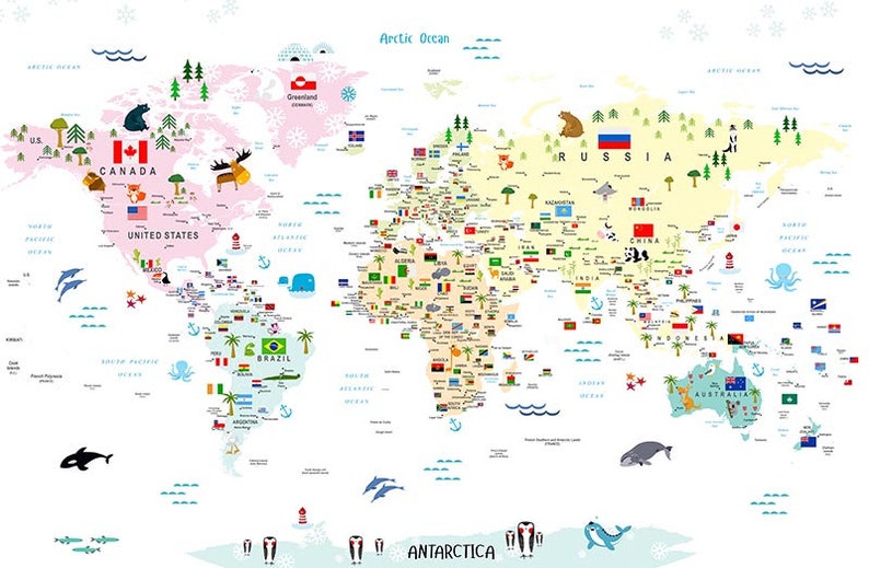 Children's World Map Wallpaper With Country Flags on White Background ...