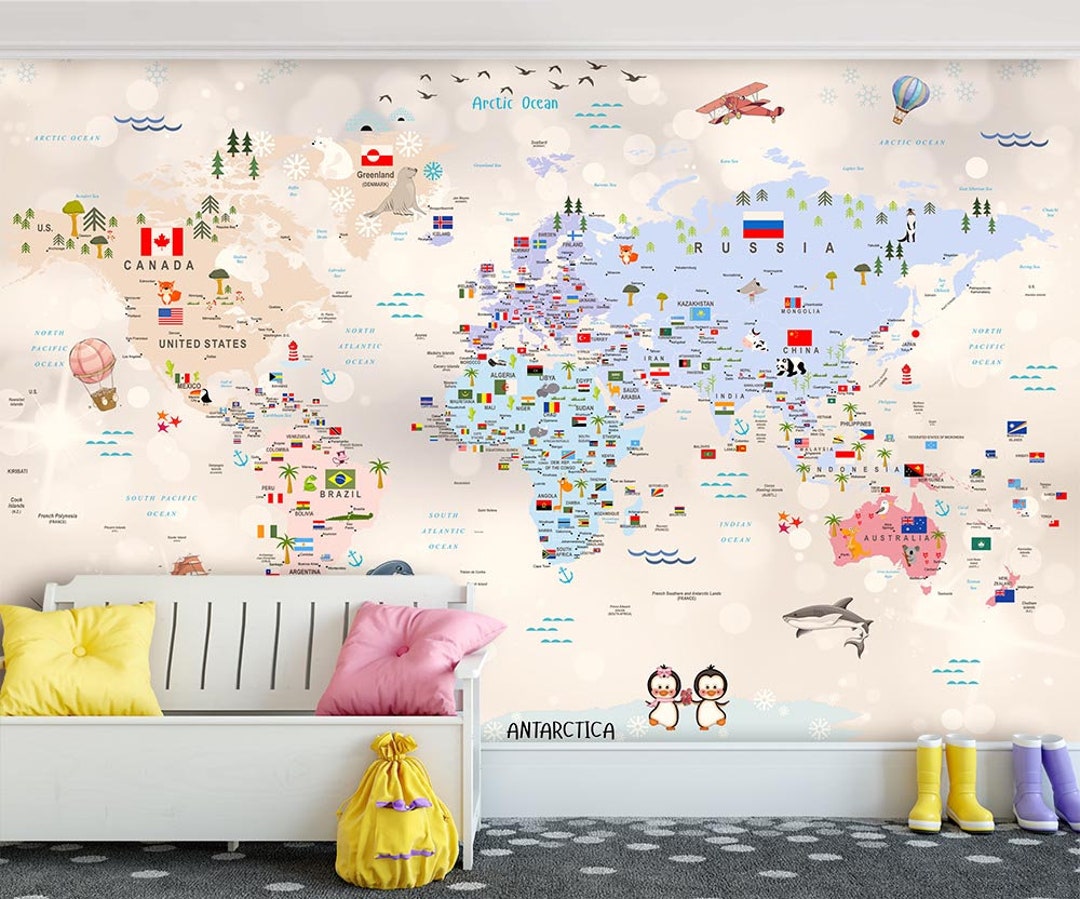 Children's Room World Map Wallpaper, Kids Map World Famous Icons ...