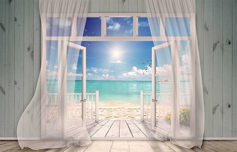 Seascape and Tropical Trees 3d Wallpaper, Window to the Sea Wallpaper ...