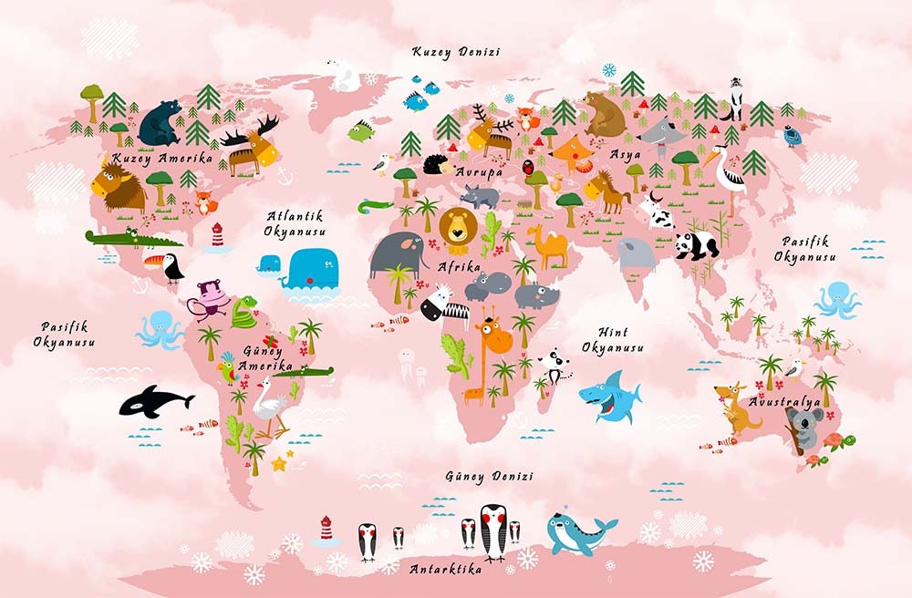 Pink for Girls Kids World Map Cartoon With Cute Animals Wallpaper Self ...