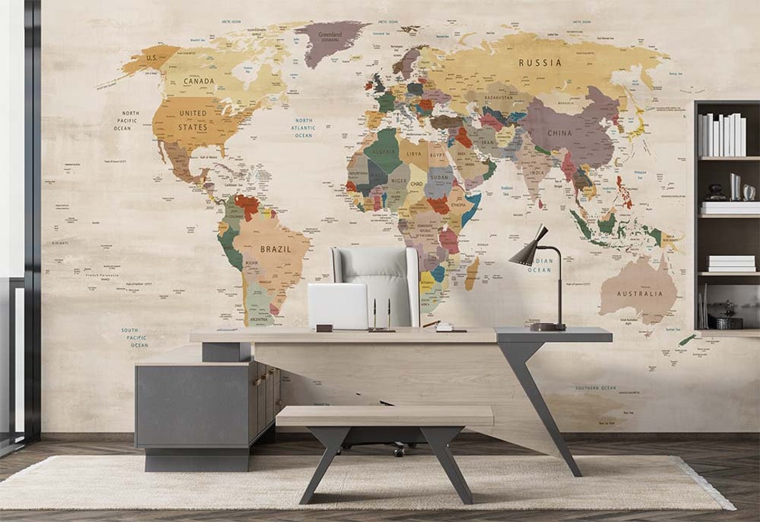 World Map Wallpaper İn Cream Tones, Detailed Map Wallpaper, Self ...