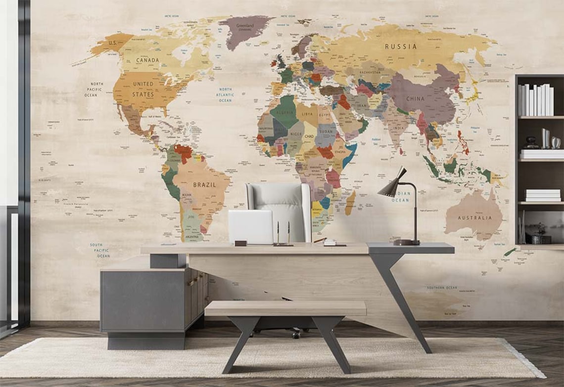 World Map Wallpaper İn Cream Tones, Detailed Map Wallpaper, Self ...