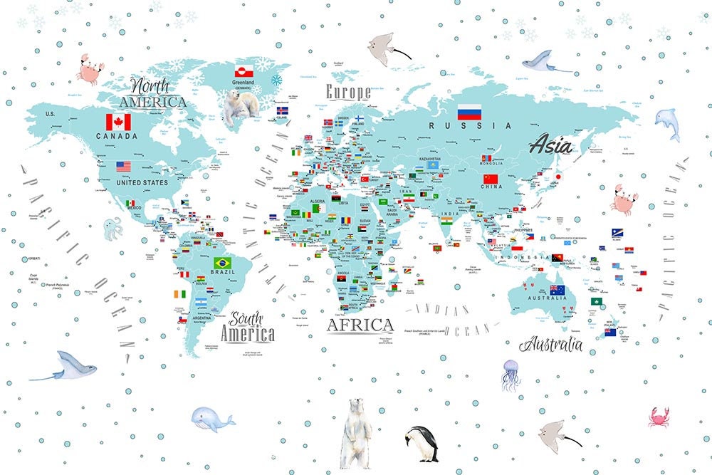 A Children's World Map With Country Flags on a White Background, Kids ...