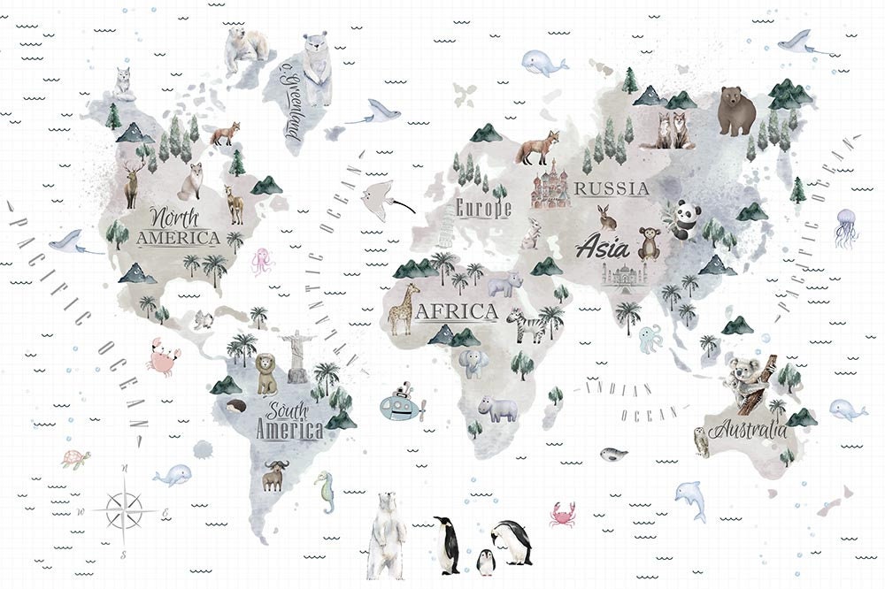 Children's World Map Wallpaper, World Map Showing Countries With Cute ...