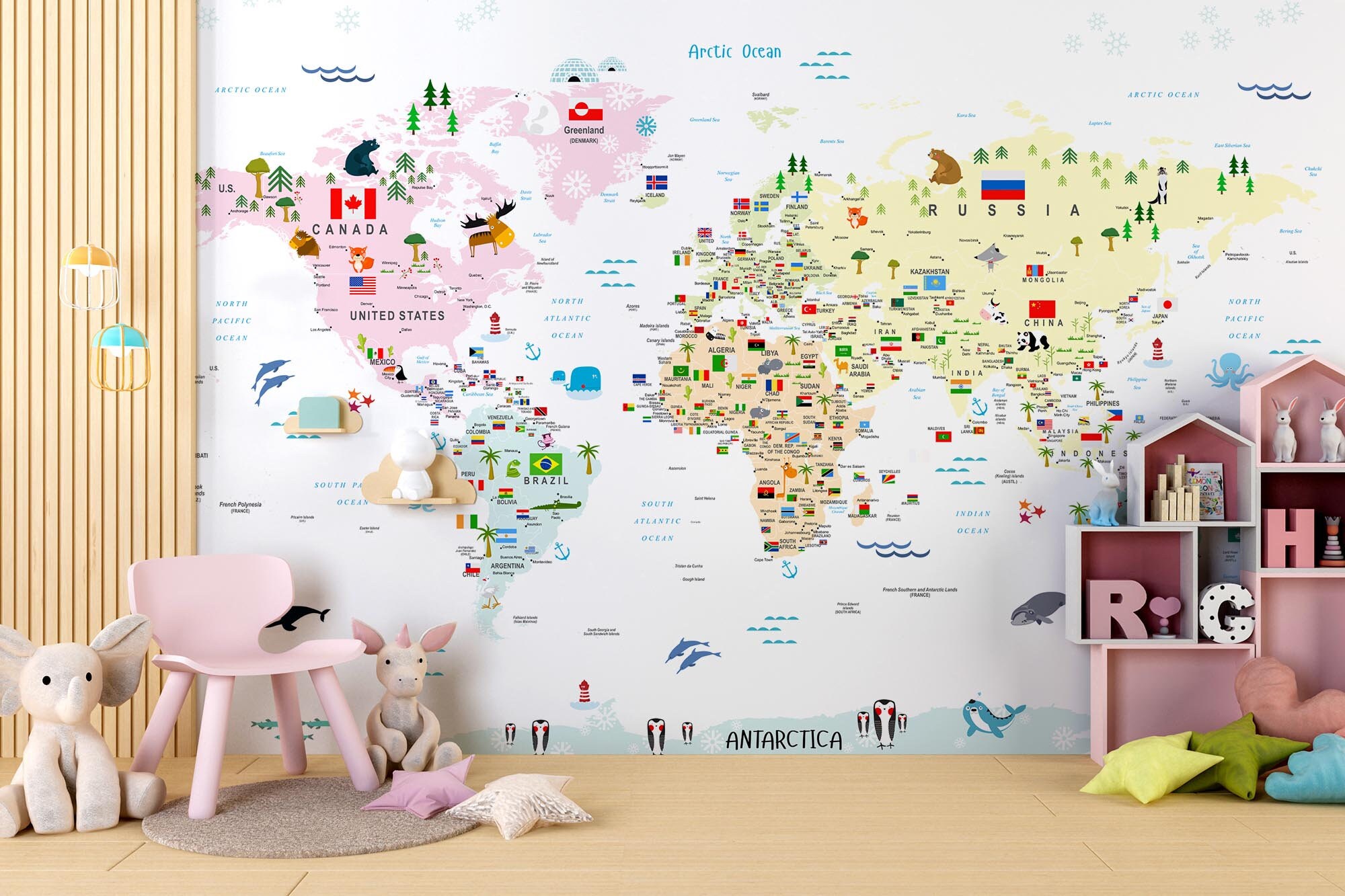 Children's World Map Wallpaper With Country Flags on White Background ...