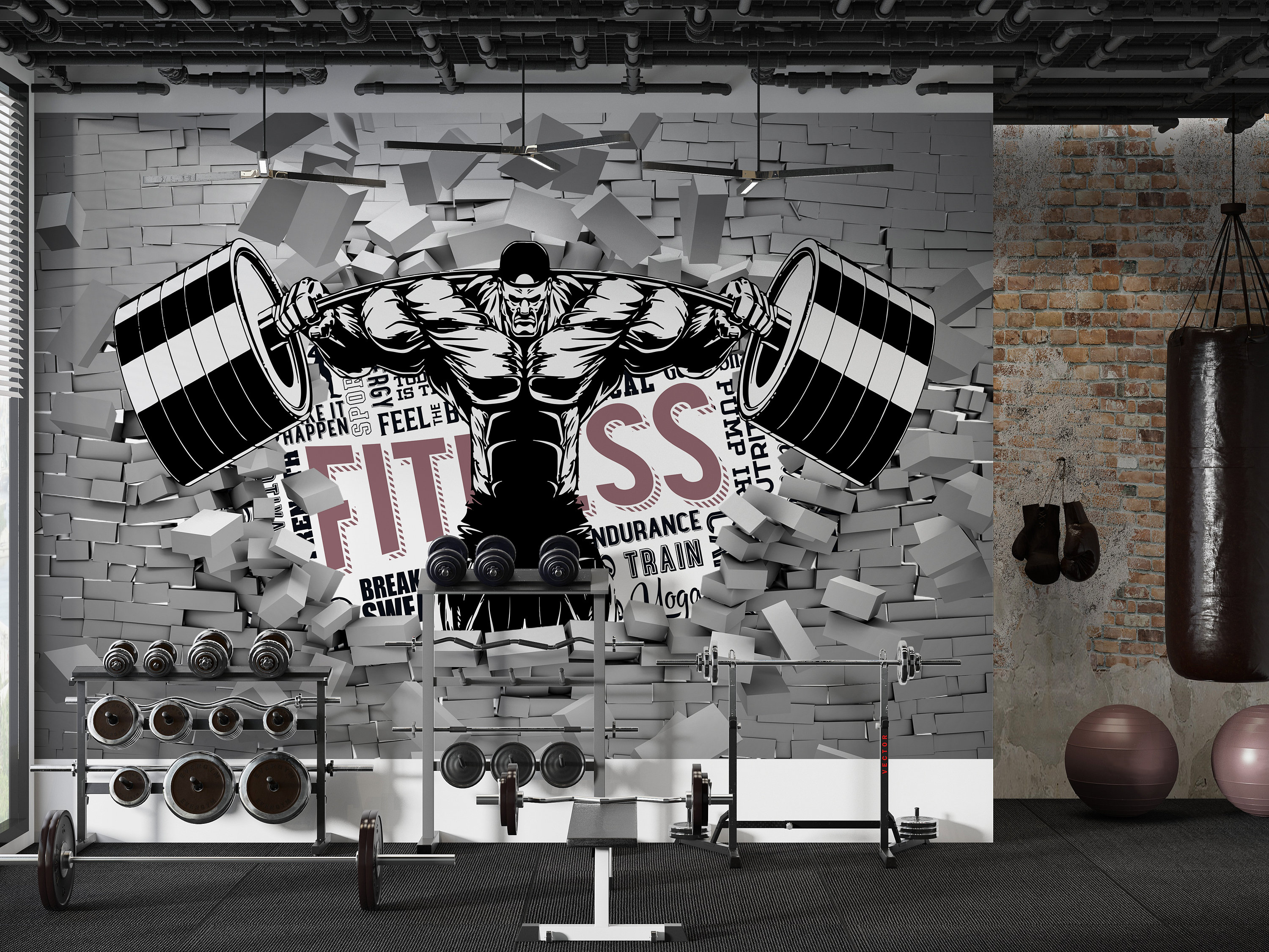 3d Dumbbell Gym Wallpaper, A Man Emerging From the Wall and Lifting A ...