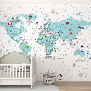 Buy A Children's World Map With Country Flags on a White Background ...