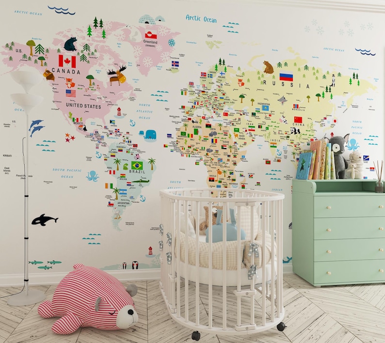 Children's World Map Wallpaper With Country Flags on White Background ...
