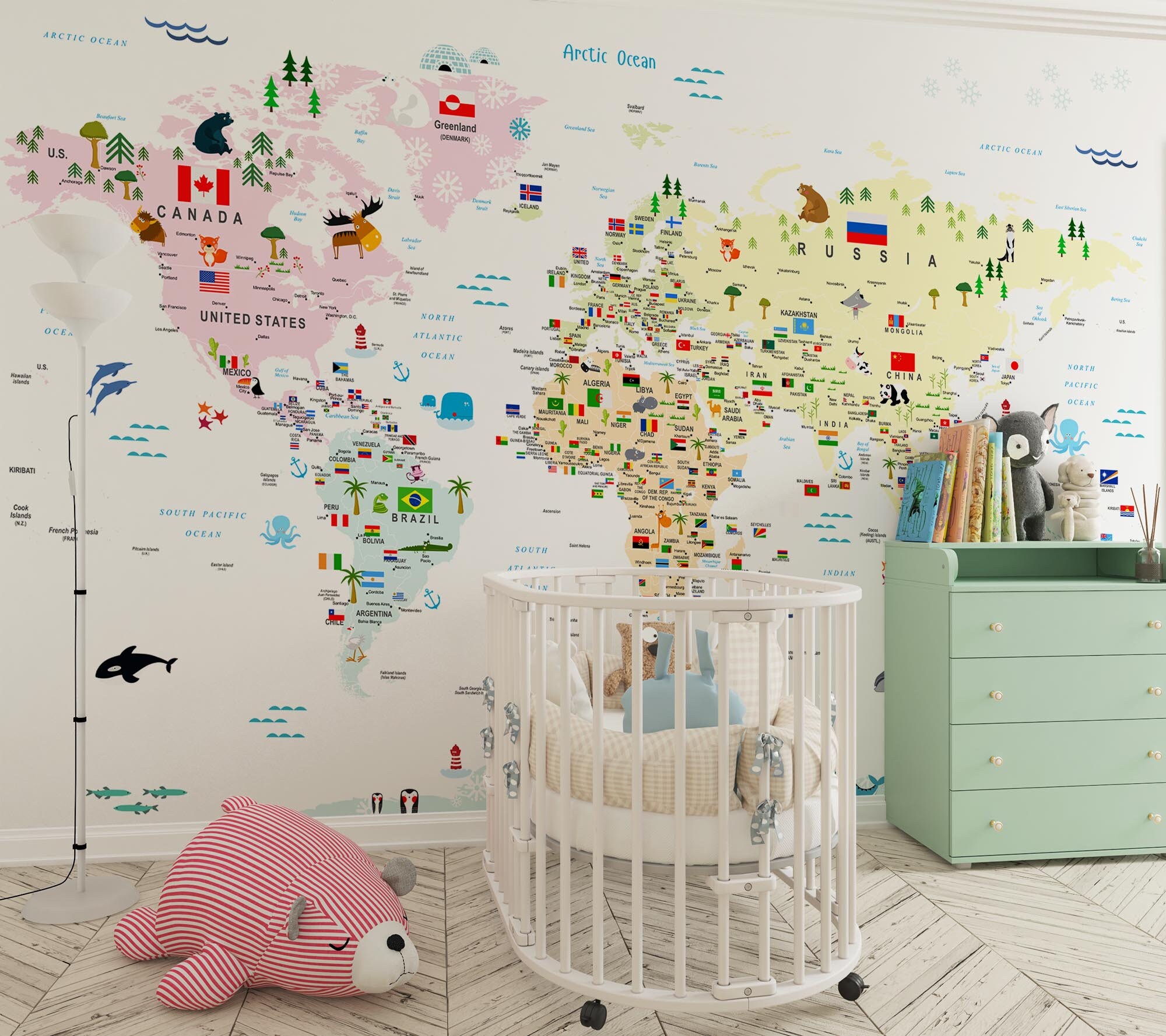 Children's World Map Wallpaper With Country Flags on White Background ...