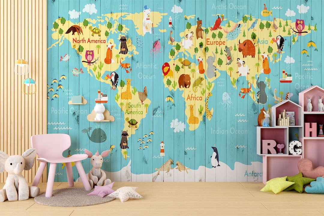 Children's World Map Wallpaper With Colorful Animal Figures on Water ...