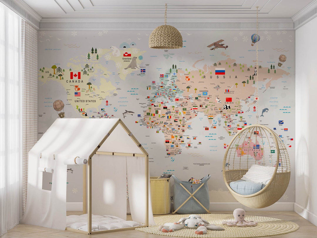 Kids Room World Map Country Flags Wallpaper, World Map and Animals Wallpaper on Gray Background ...