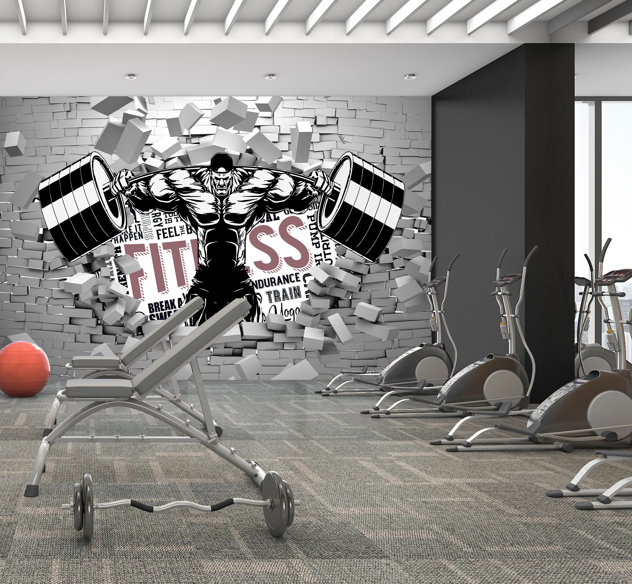 3d Dumbbell Gym Wallpaper, A Man Emerging From the Wall and Lifting A ...