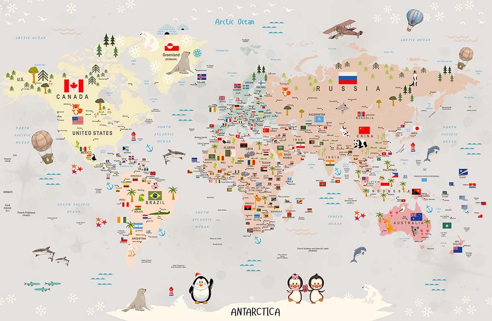 Kids World Map Wallpaper, Country Flags and Animals, Gray Background - Etsy