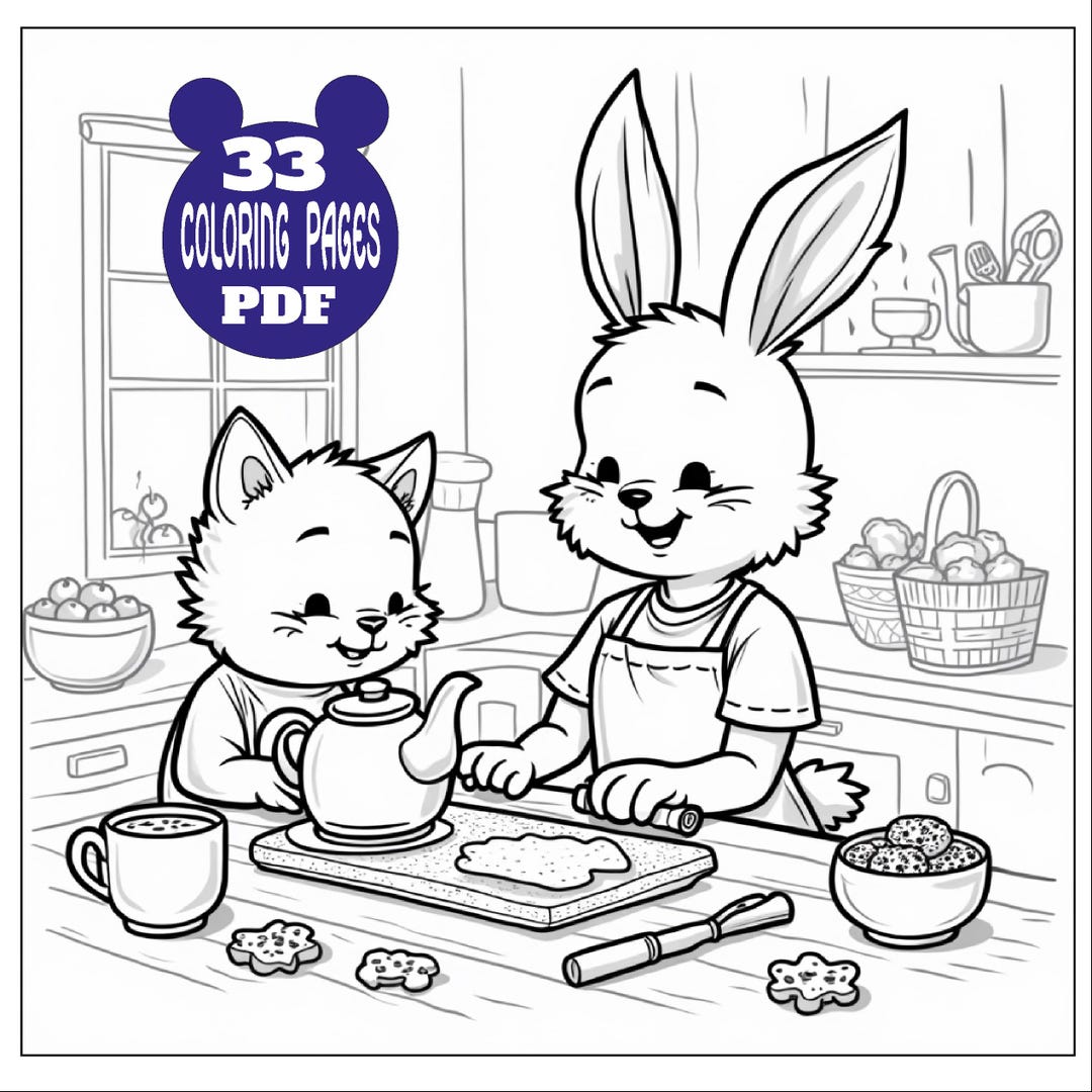 Cozy Friends Coloring Pages: Adorable Rabbits and Cats Bathing and ...
