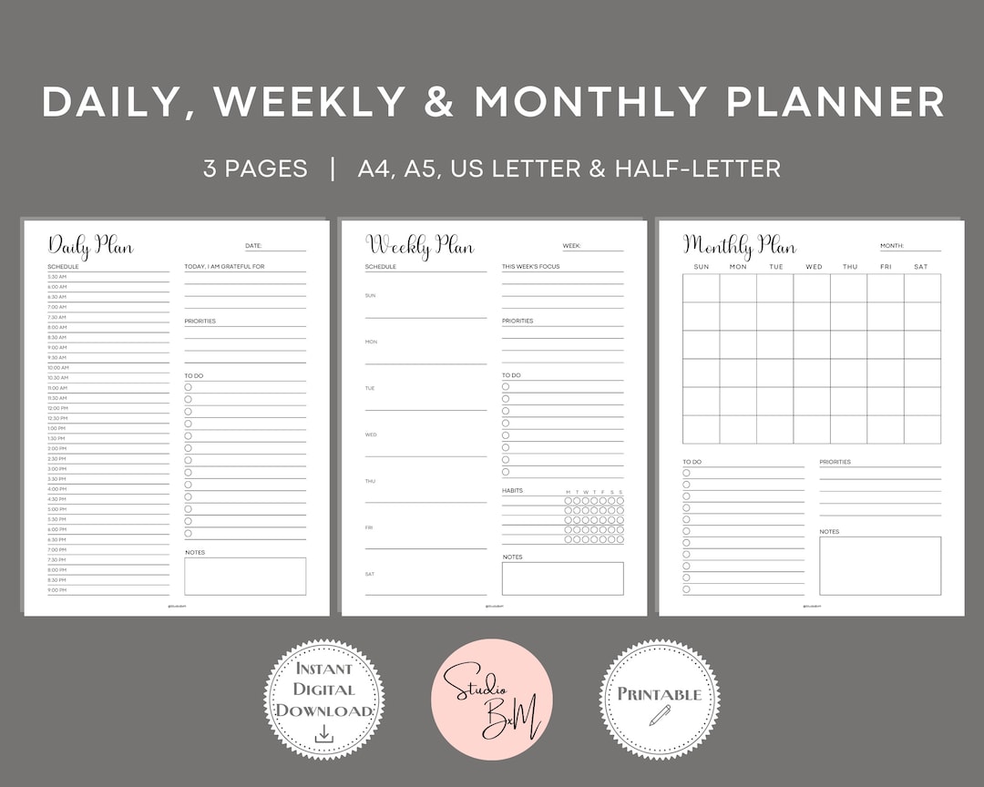 Minimalist Daily, Weekly, Monthly Planner Set (PDF) - Etsy