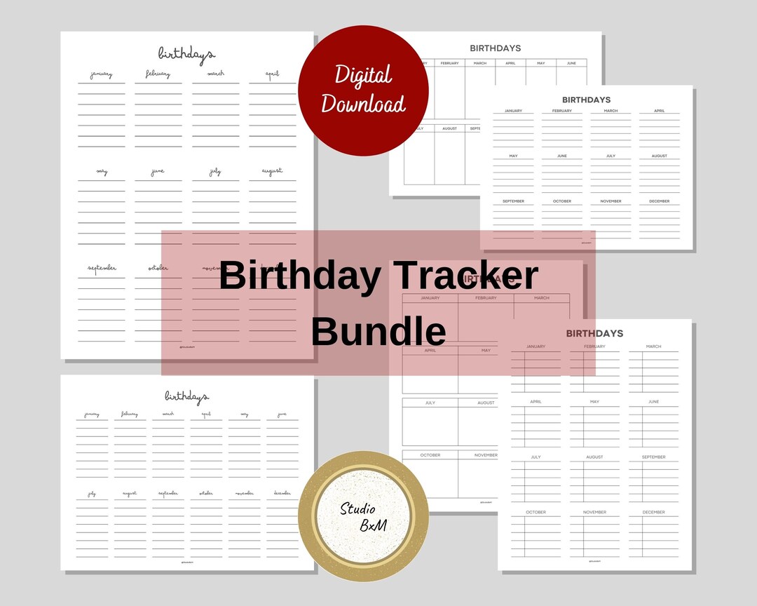 Birthday Tracker Printable Bundle: Minimalist Birthday Calendar (PDF ...