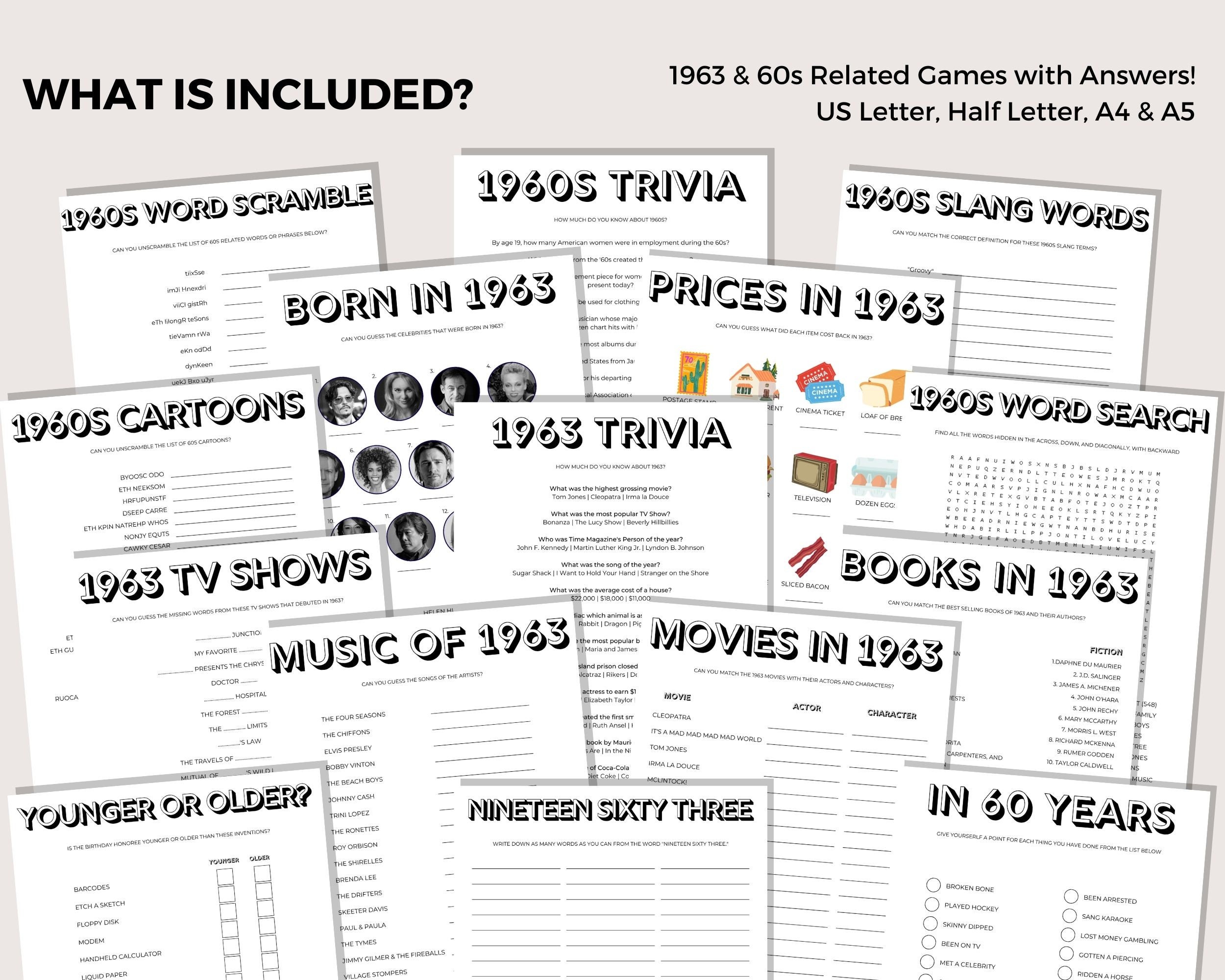 60th Birthday Party Games Bundle, Born in 1963 Game, Birth Year 1963 ...